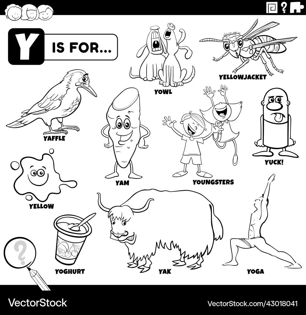 Letter y words educational cartoon set coloring Vector Image