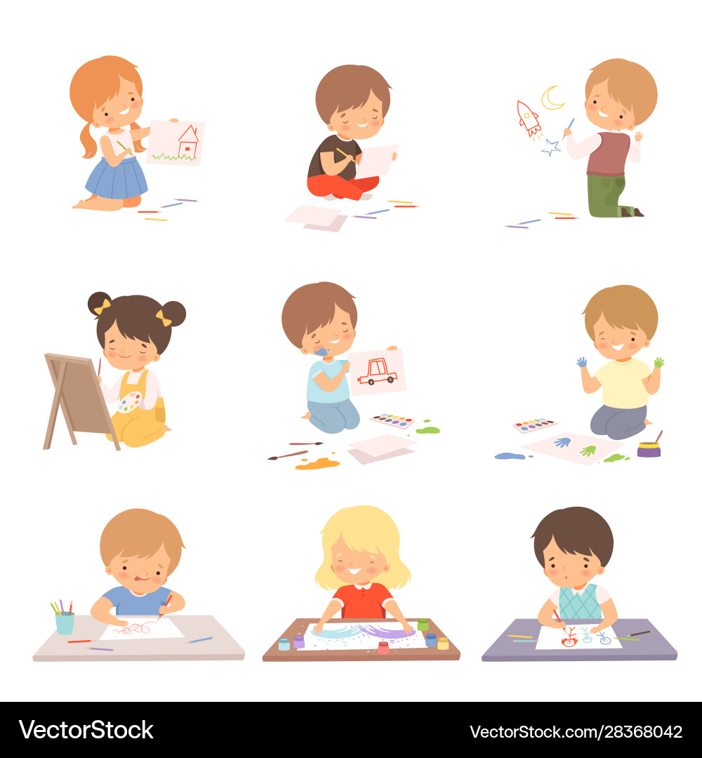 Cute children sitting on floor and drawing Vector Image