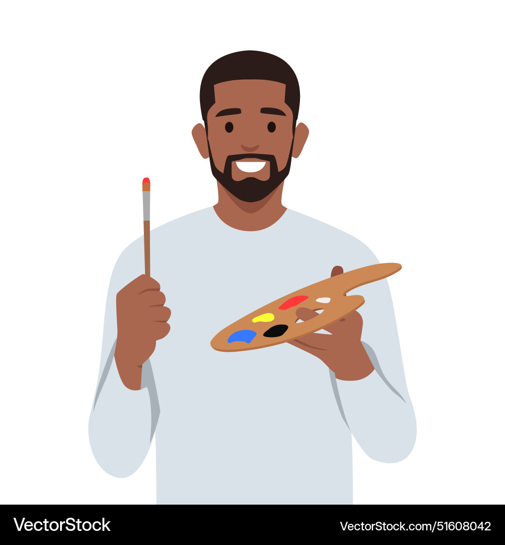 Young man painter in apron holding paintbrushes Vector Image