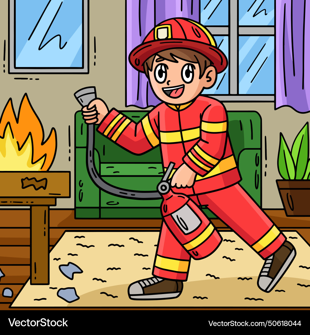 Firefighter with fire extinguisher colored cartoon
