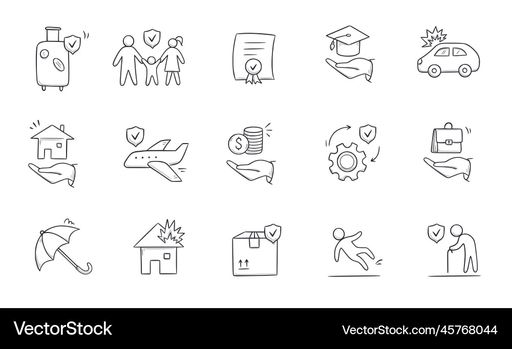 Insurance doodle icon set hand drawn sketch life Vector Image