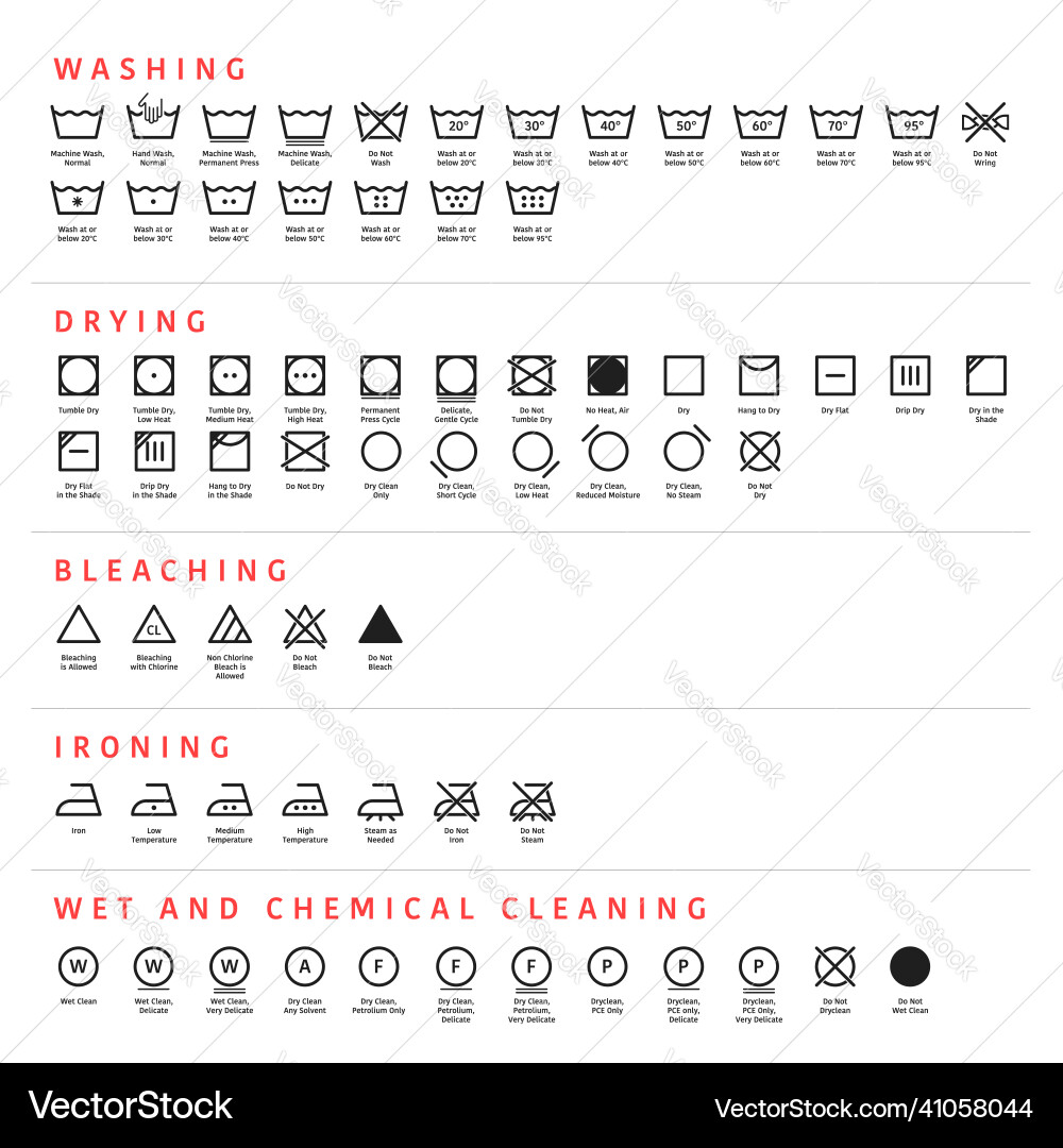 Laundry symbols care washing drying Royalty Free Vector