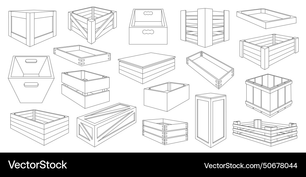 Line wooden boxes closed and open crate Royalty Free Vector