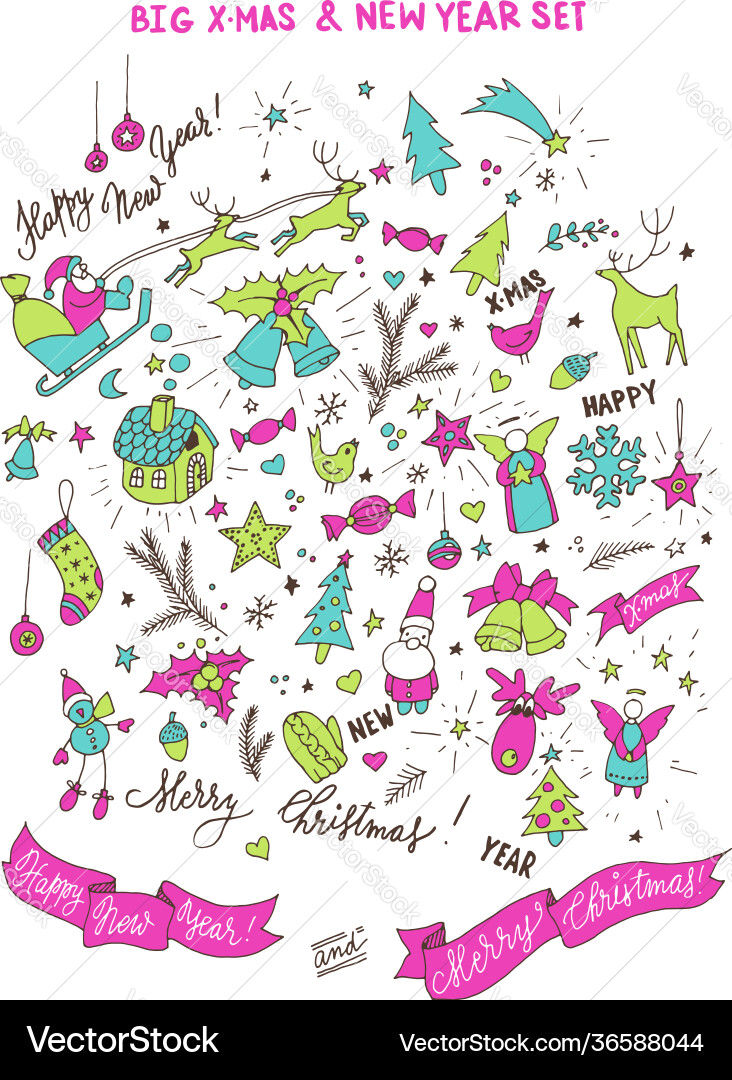 Set neon bright doodle design elements Royalty Free Vector