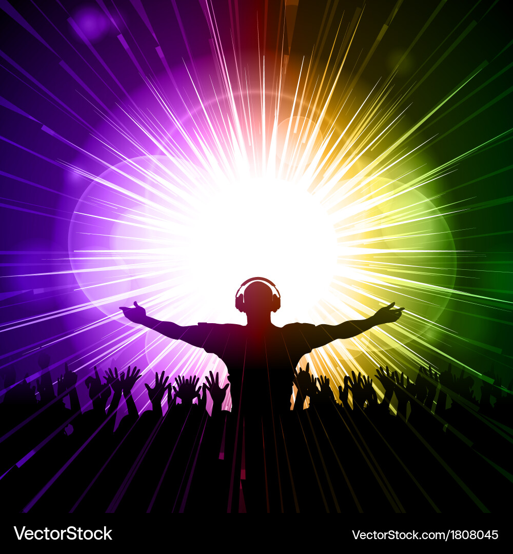 Dj and crowd on purple green background Royalty Free Vector