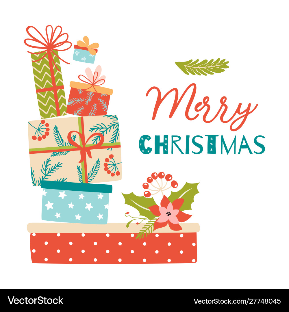 Gifts stack christmas postcard pile heap Vector Image