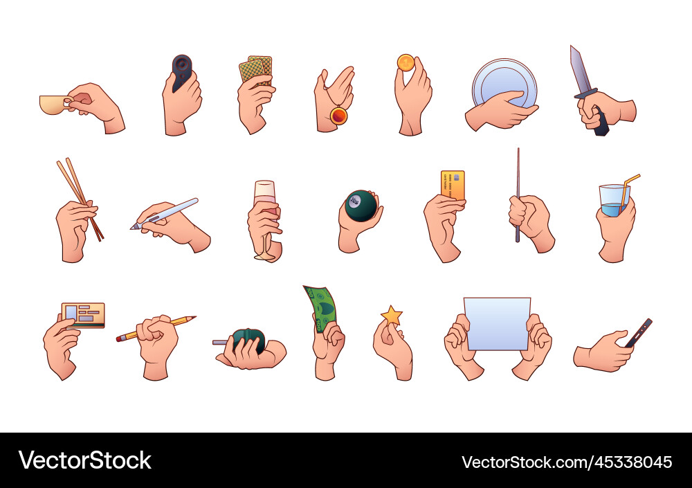 Hands with items cartoon human fingers holding Vector Image