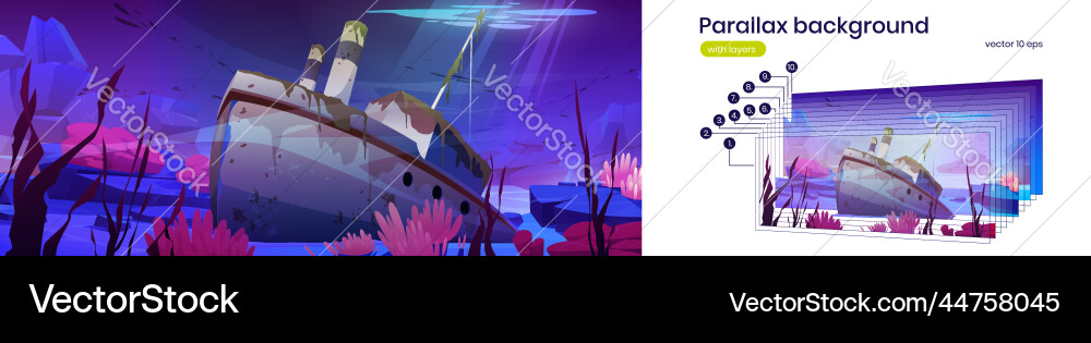 Parallax background with sunken ship underwater Vector Image