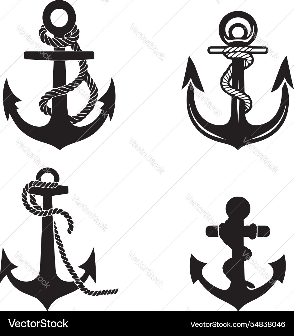 Four black and white anchor designs with ropes Vector Image