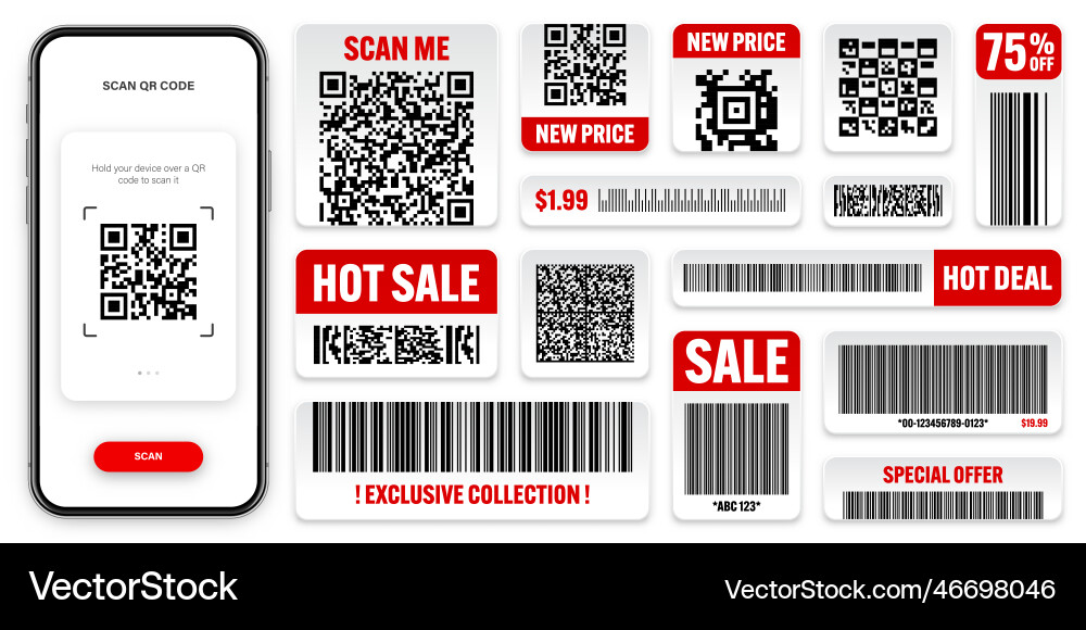 Product barcodes and qr codes smartphone Vector Image Product barcodes and qr codes smartphone Vector Image