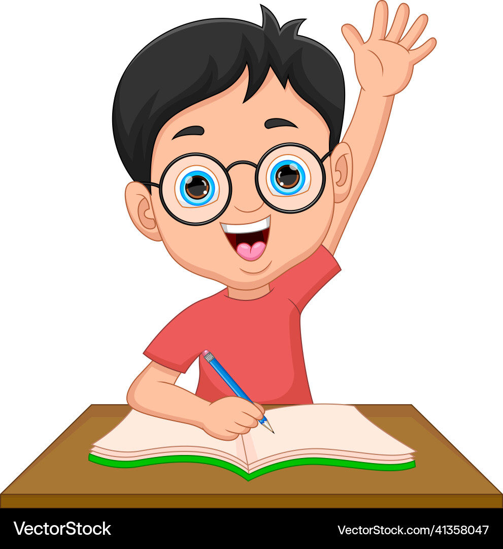 Cartoon schoolboy raising hand on white background