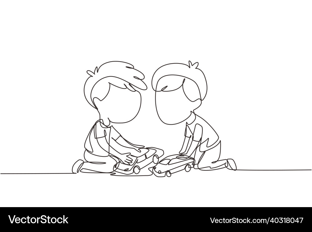 Single one line drawing two cute boys playing Vector Image