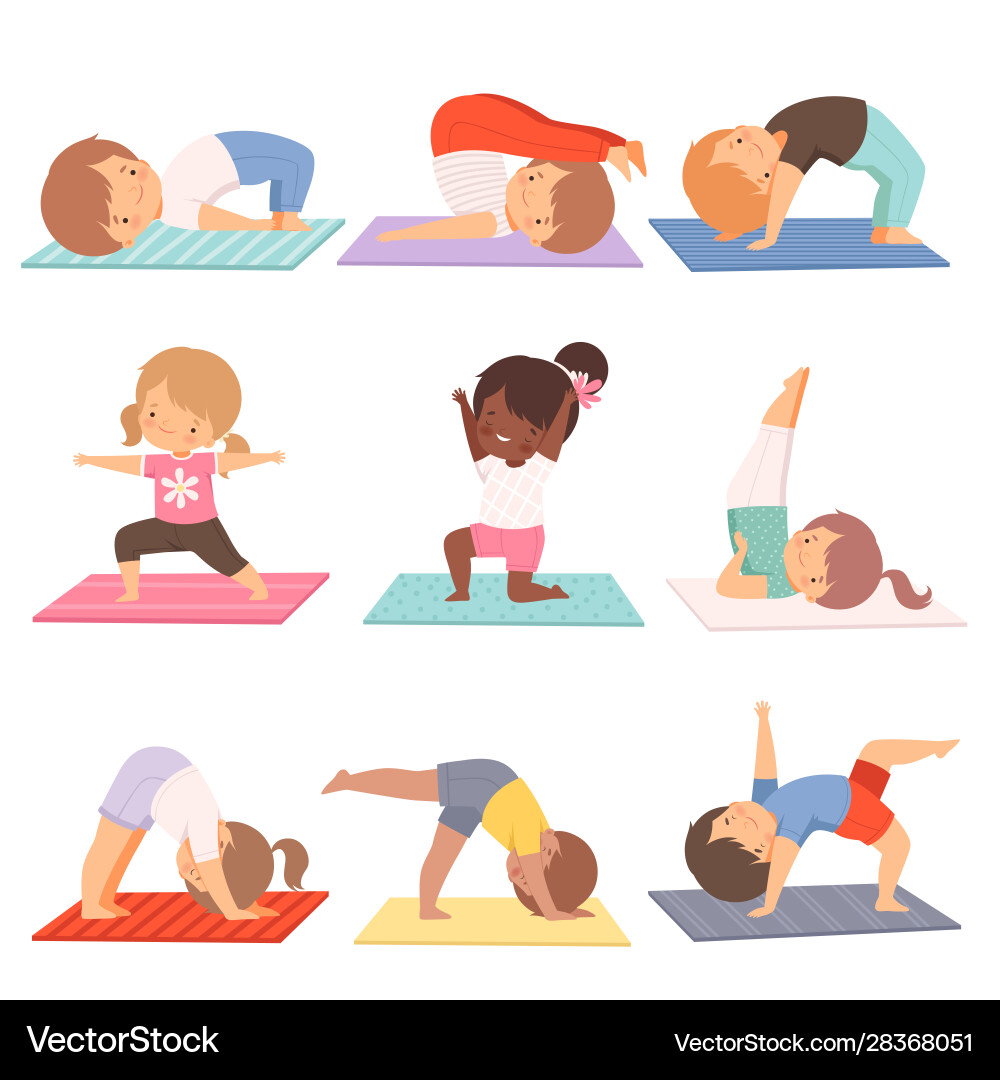 Cute kids practicing yoga exercises collection Vector Image