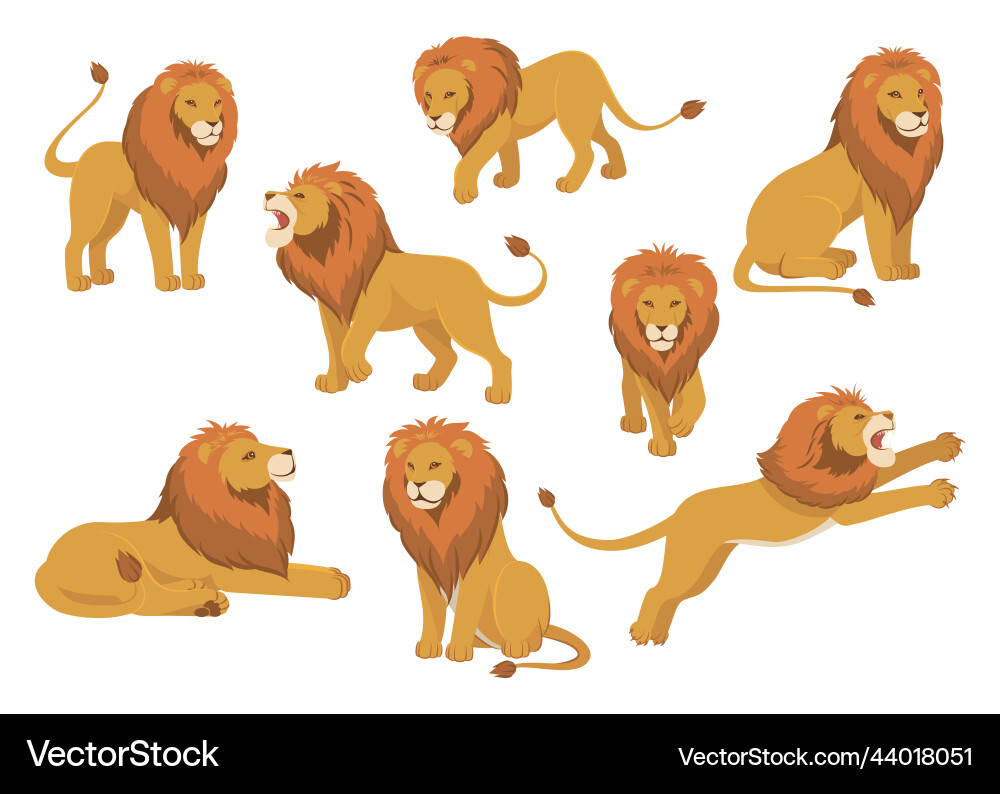 Lions flat cartoon set Royalty Free Vector Image