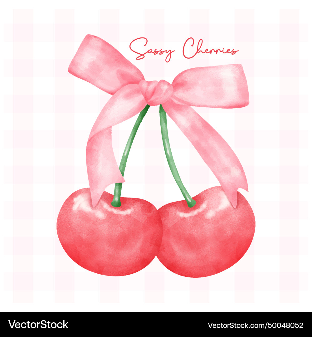 Red coquette cherries with pink ribbon bow Vector Image