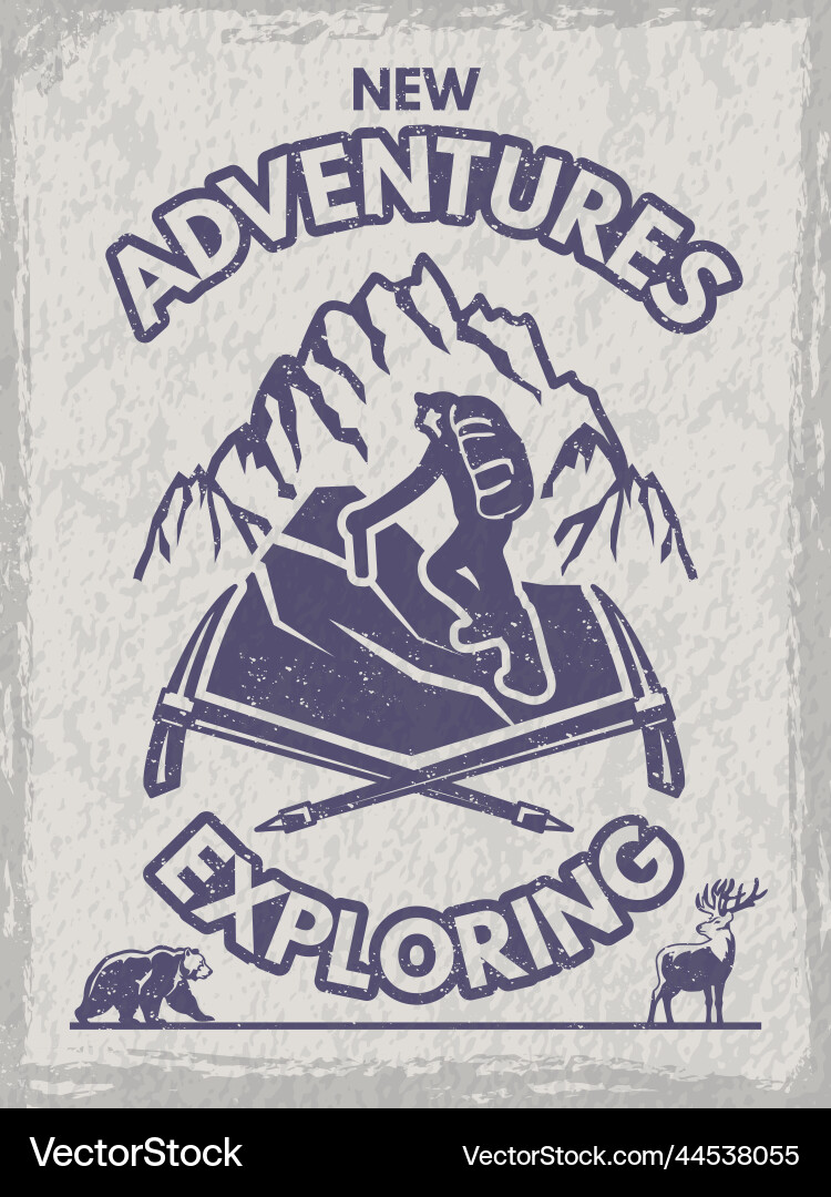 Adventure placard mountain hiking and exploring Vector Image