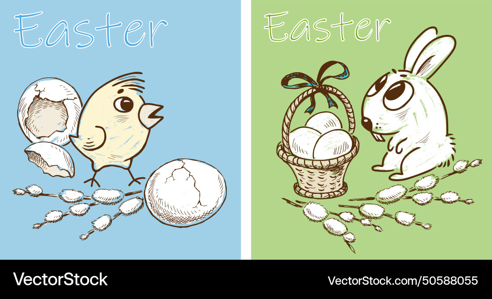 Easter greeting cards with cartoon cute drawn Vector Image