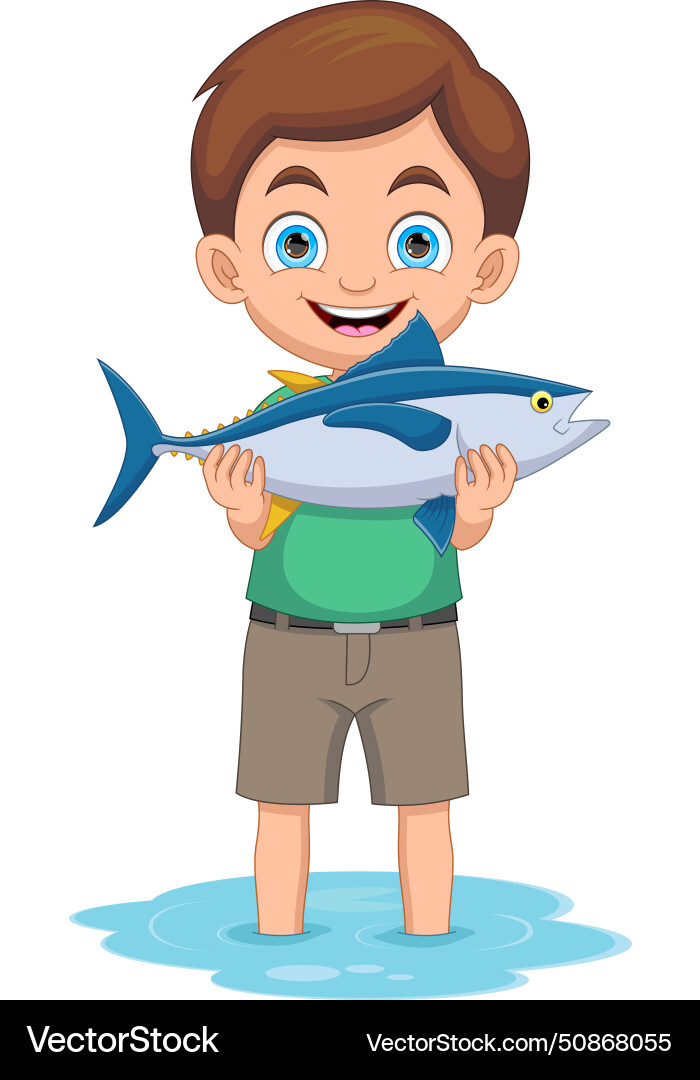 Little boy shows that he got a big fish Royalty Free Vector