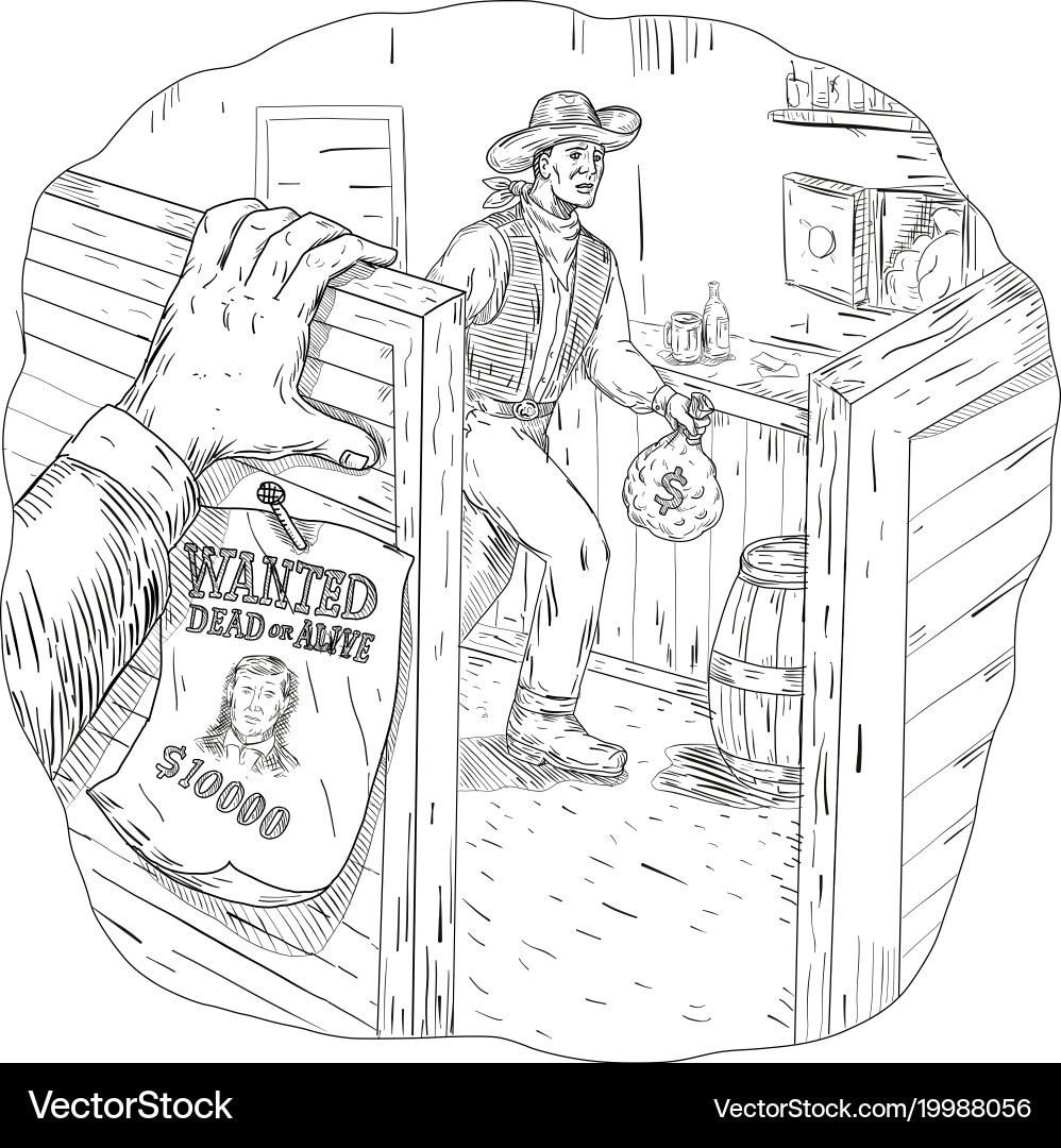Cowboy robbing saloon drawing Royalty Free Vector Image