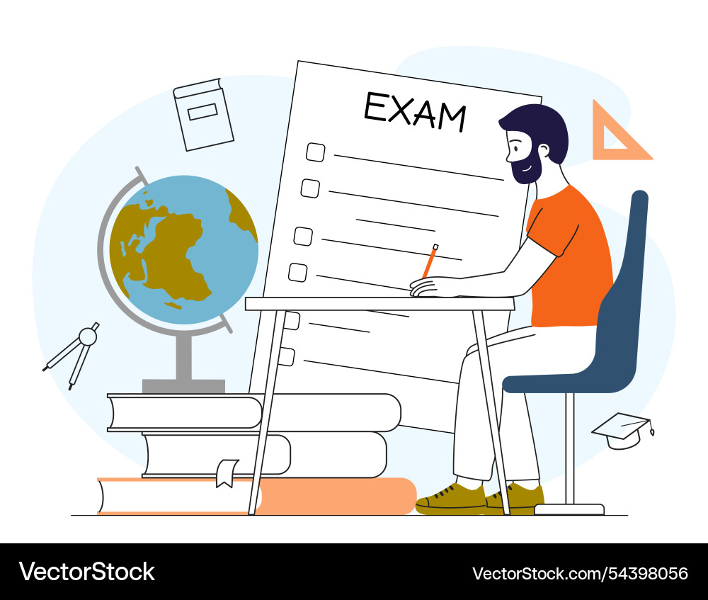 Man pass exam young guy sits at table and writes Vector Image