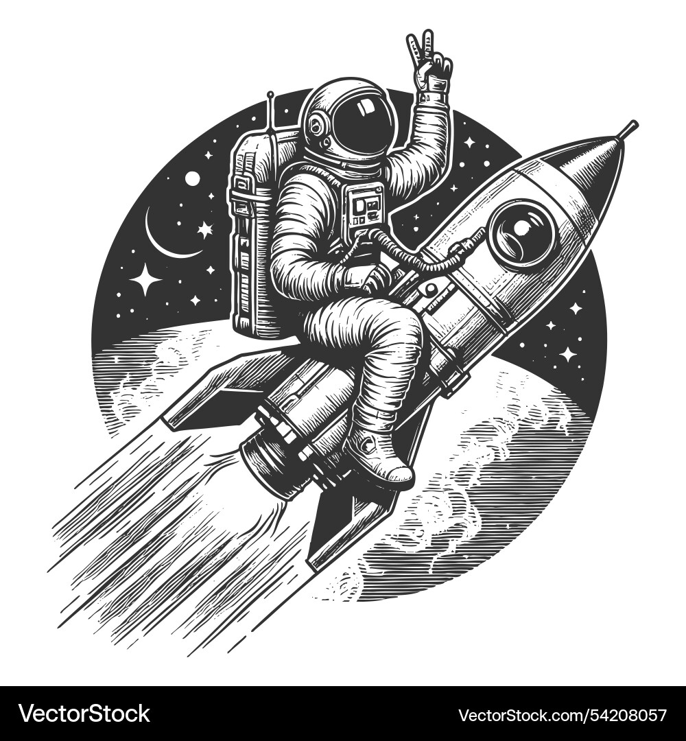 Astronaut riding rocket with peace sign Royalty Free Vector
