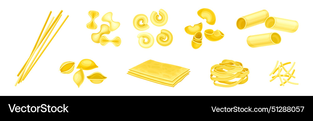 Different pasta raw shape and type set Royalty Free Vector