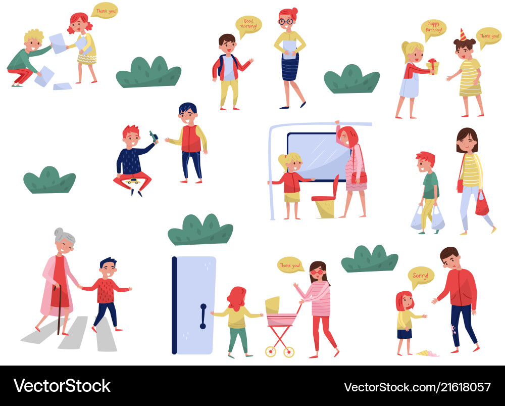 Flat set of polite children in different Vector Image