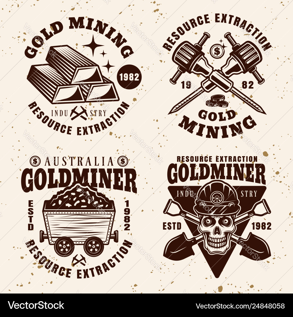Gold mining industry vintage emblems Royalty Free Vector