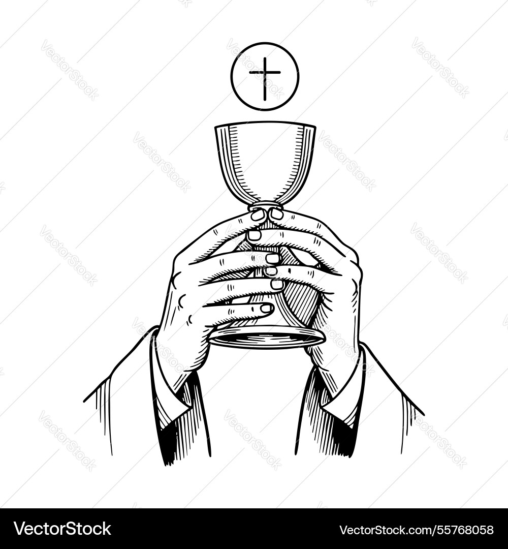 Priest holding chalice with consecrated wine Vector Image
