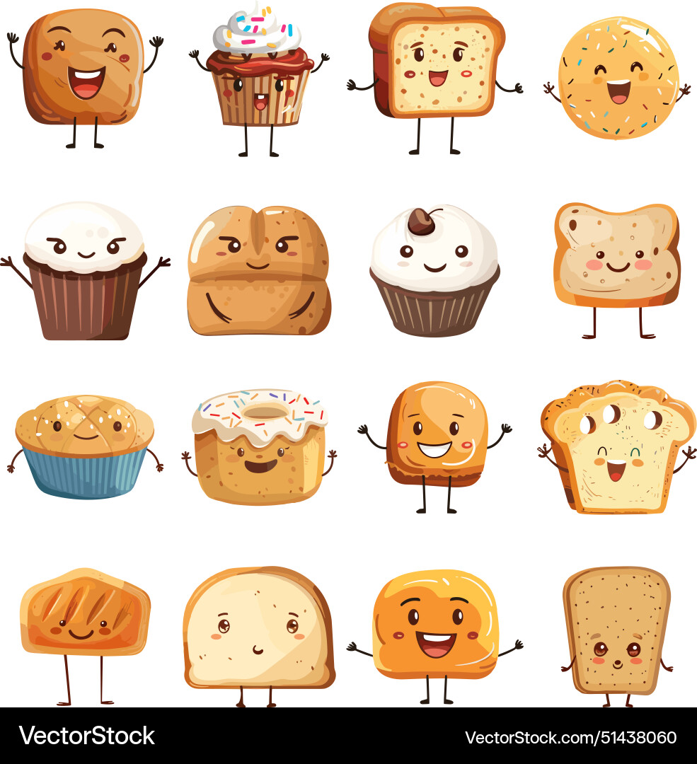 Baking kawaii characters cartoon set round Vector Image