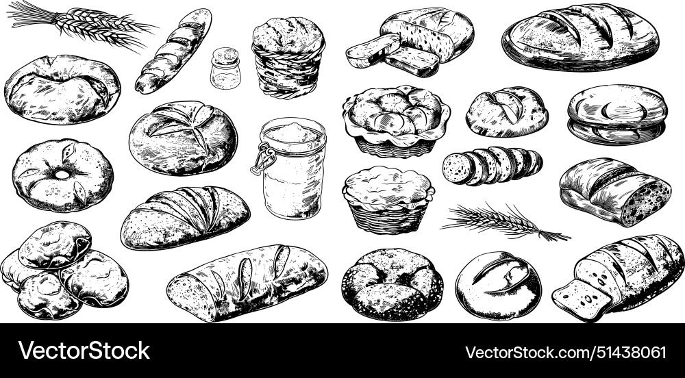 Baking pencil ink sketch set bread bun Royalty Free Vector