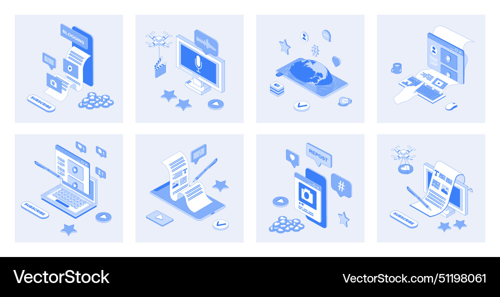 Blogging 3d Isometric Concept Set With Isometry Vector Image