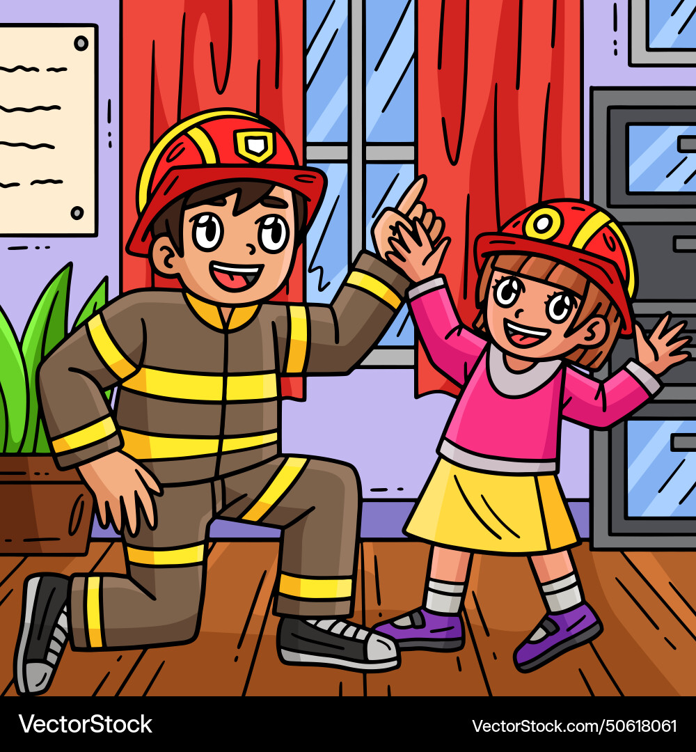 Firefighter and child colored cartoon Royalty Free Vector
