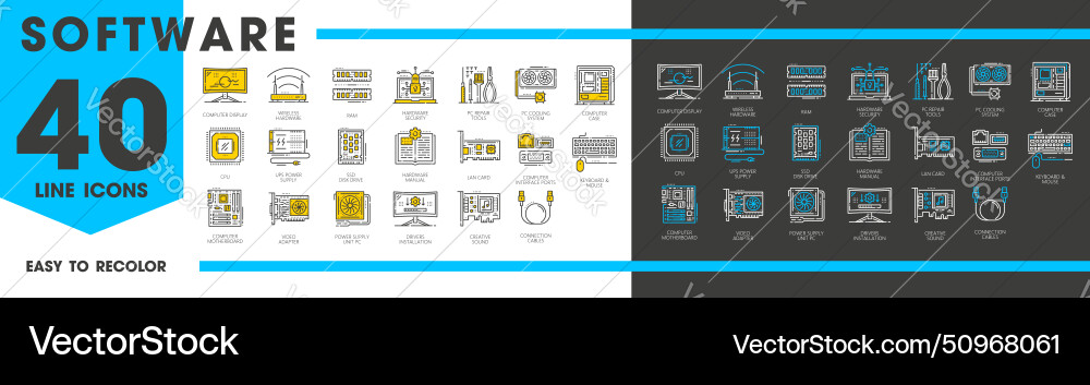 Software and hardware line icons of computer pc Vector Image