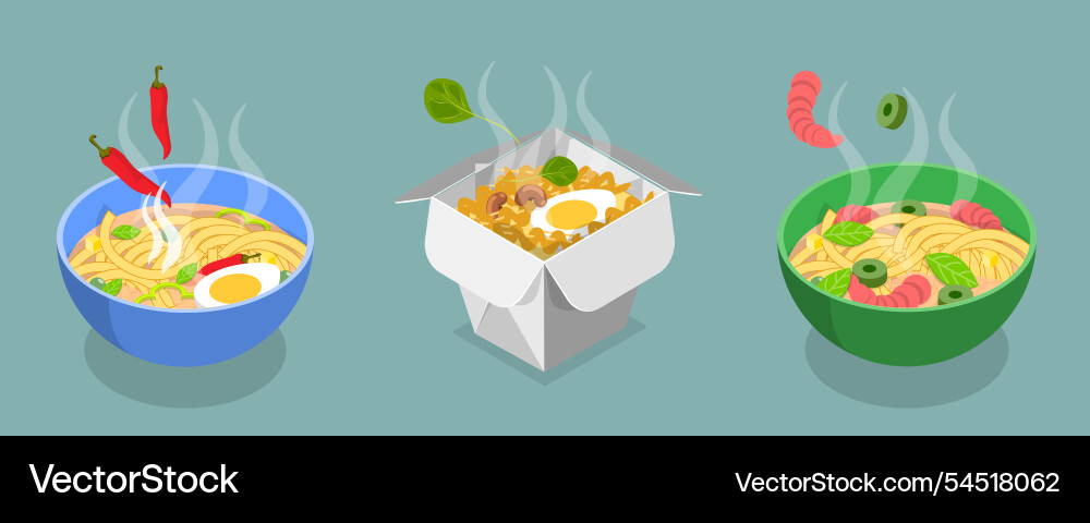 3d isometric flat set of ramen bowls Royalty Free Vector
