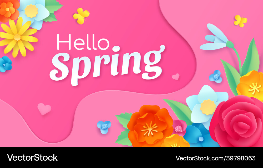 Hello spring banner with paper cut flower leaf Vector Image