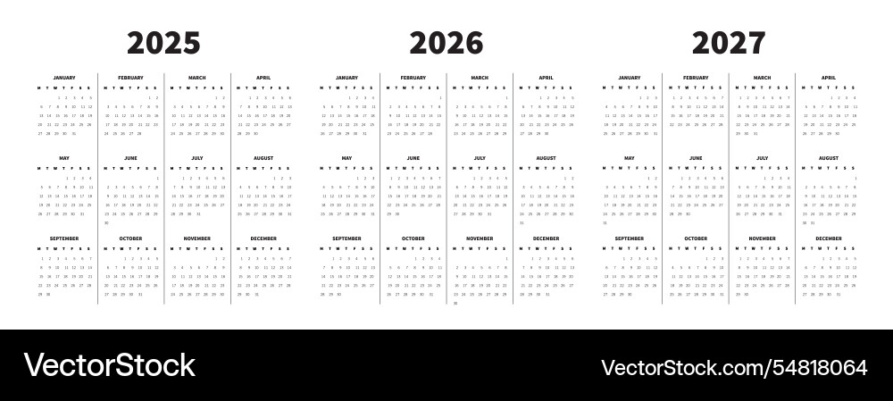 2025 2026 and 2027 calendar design Royalty Free Vector Image