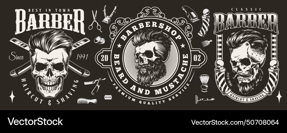 Barber monochrome vintage set stickers Royalty Free Vector