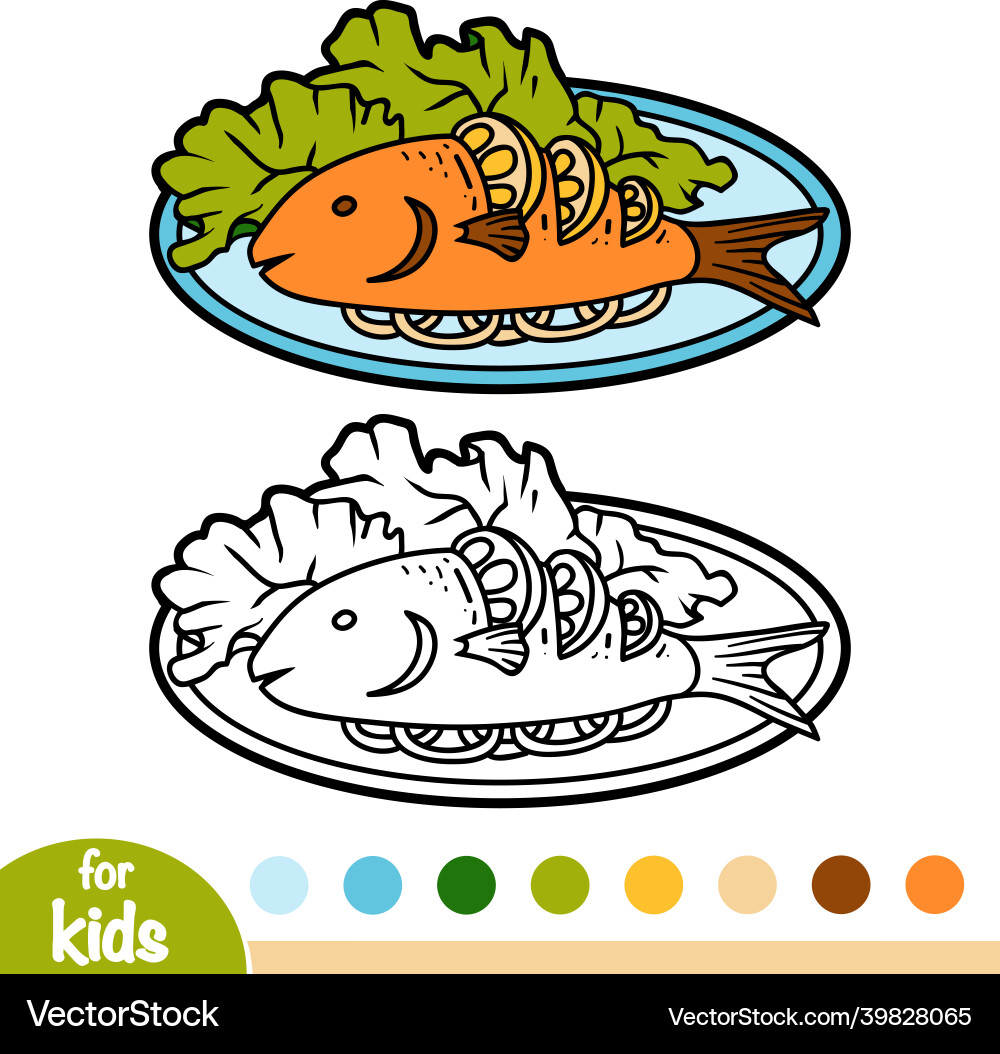 Coloring book grilled fish on plate Royalty Free Vector
