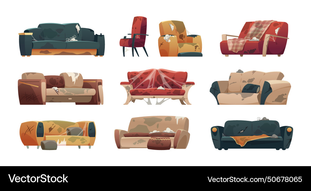 Dirty broken couches cartoon old torn sofa Vector Image