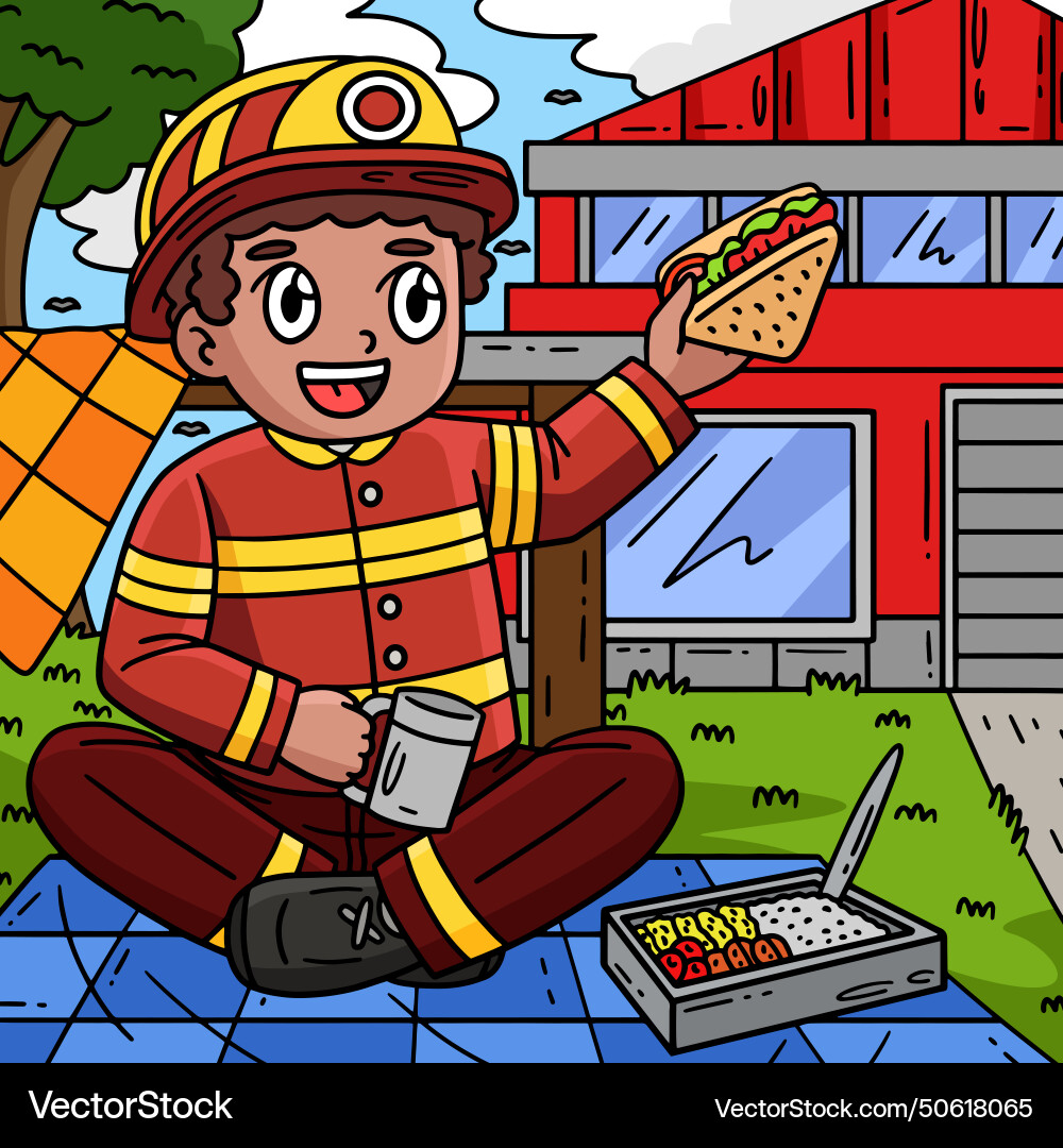 Firefighter eating lunch colored cartoon Vector Image