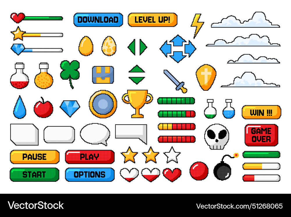 Games buttons pixel retro icons bit video gaming Vector Image
