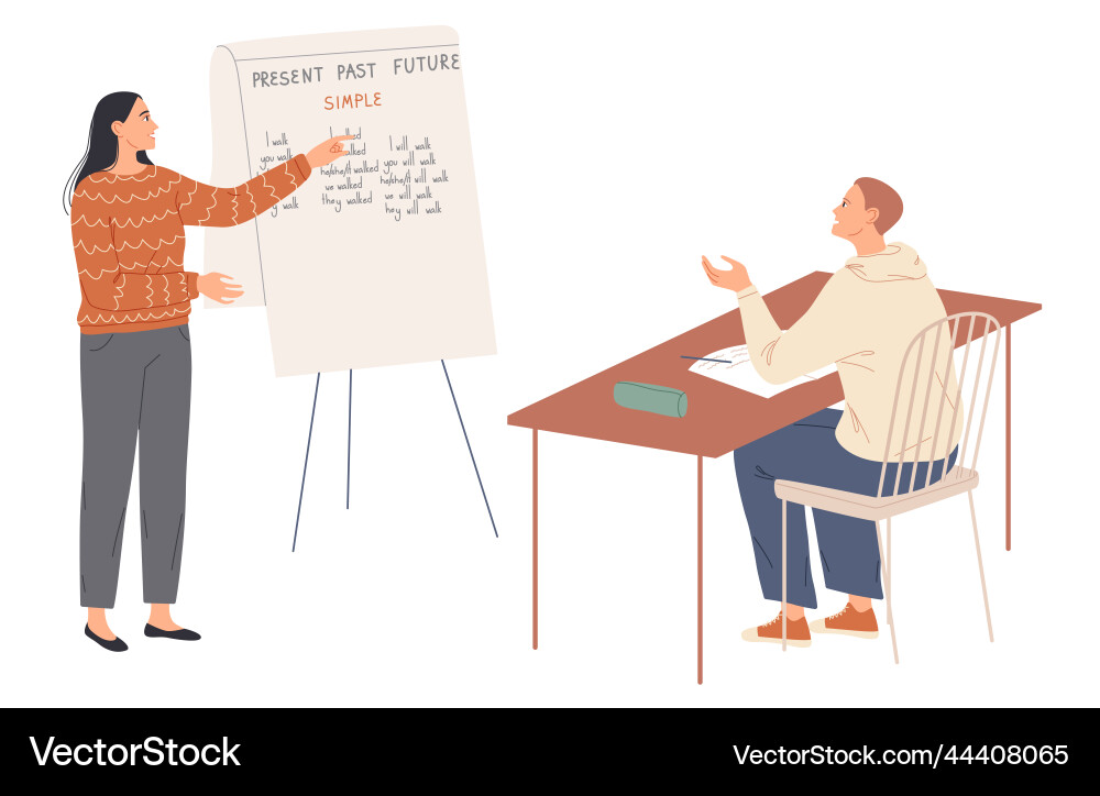 Studying english female teacher explains grammar Vector Image