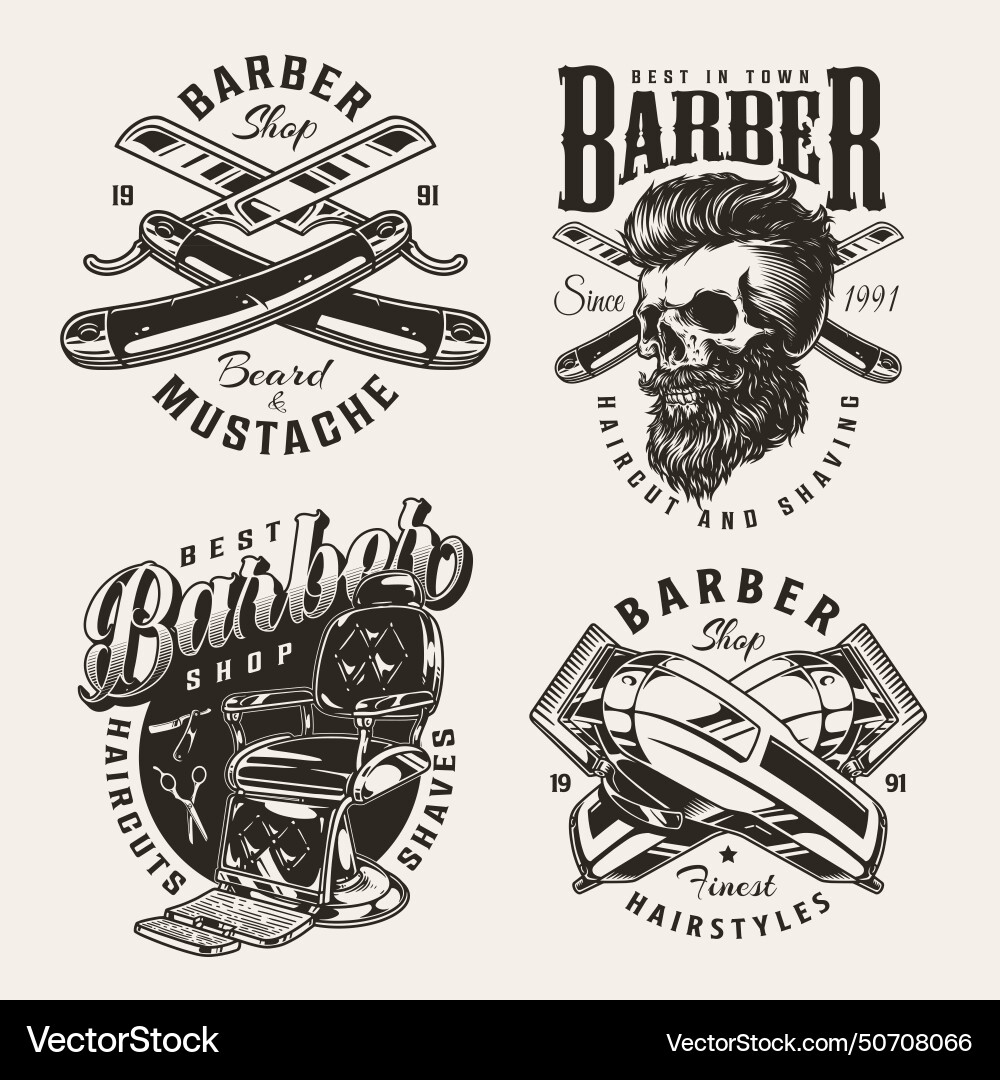 Barber shop monochrome set stickers Royalty Free Vector