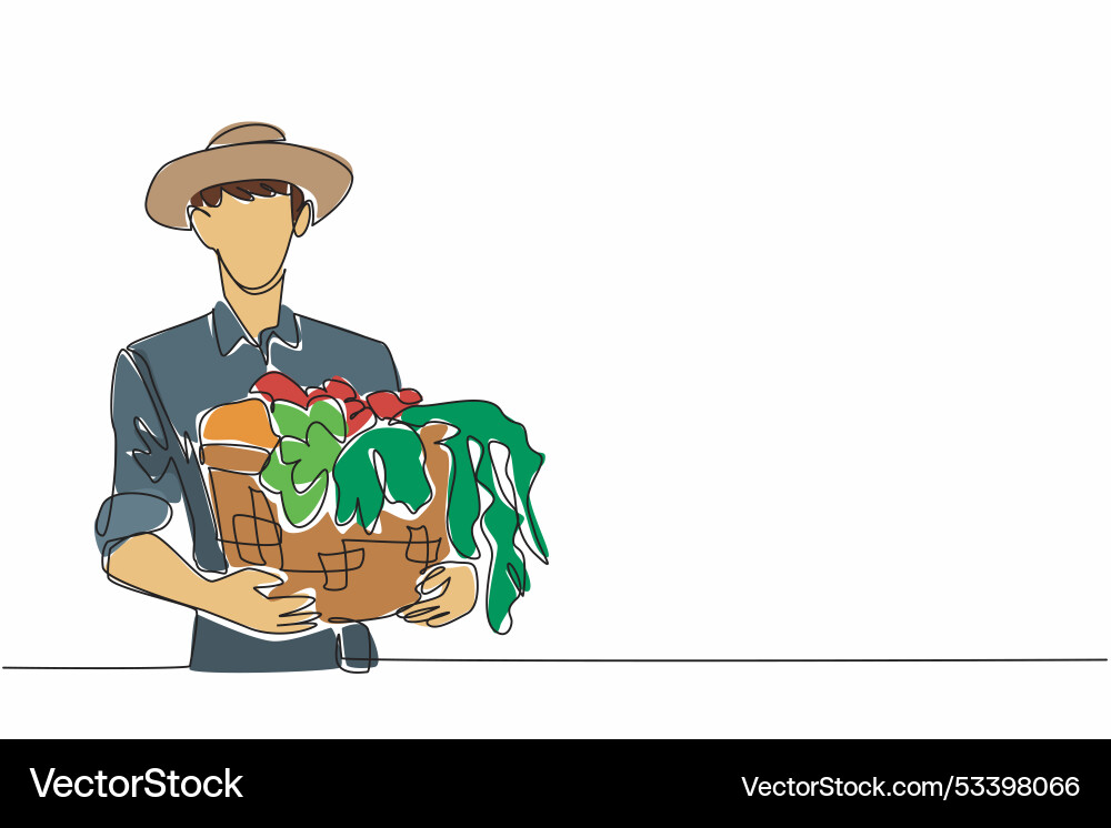 Single continuous line drawing male farmer Vector Image