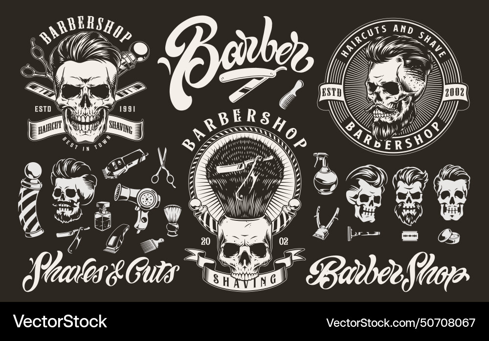 Barber shop monochrome set stickers Royalty Free Vector