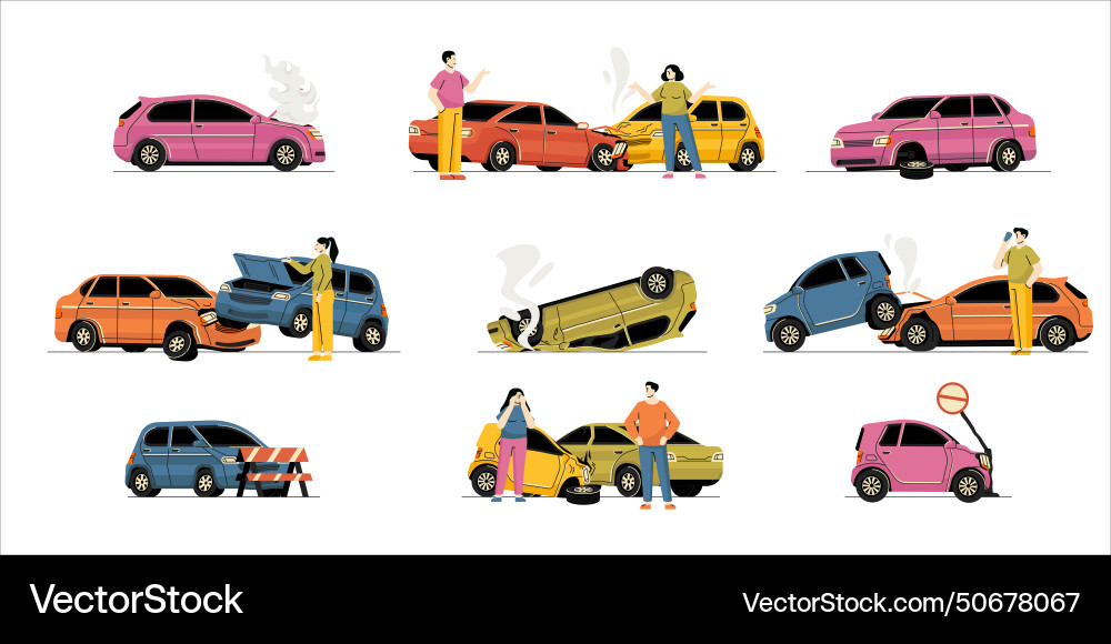 Cartoon car crash wrecked broken crashed vehicles Vector Image