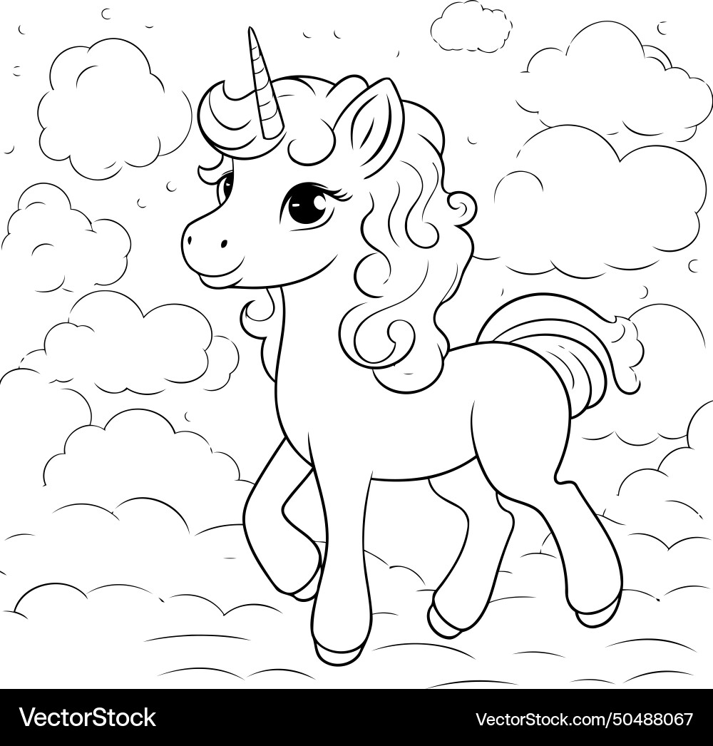 Unicorn in the clouds coloring book for children Vector Image