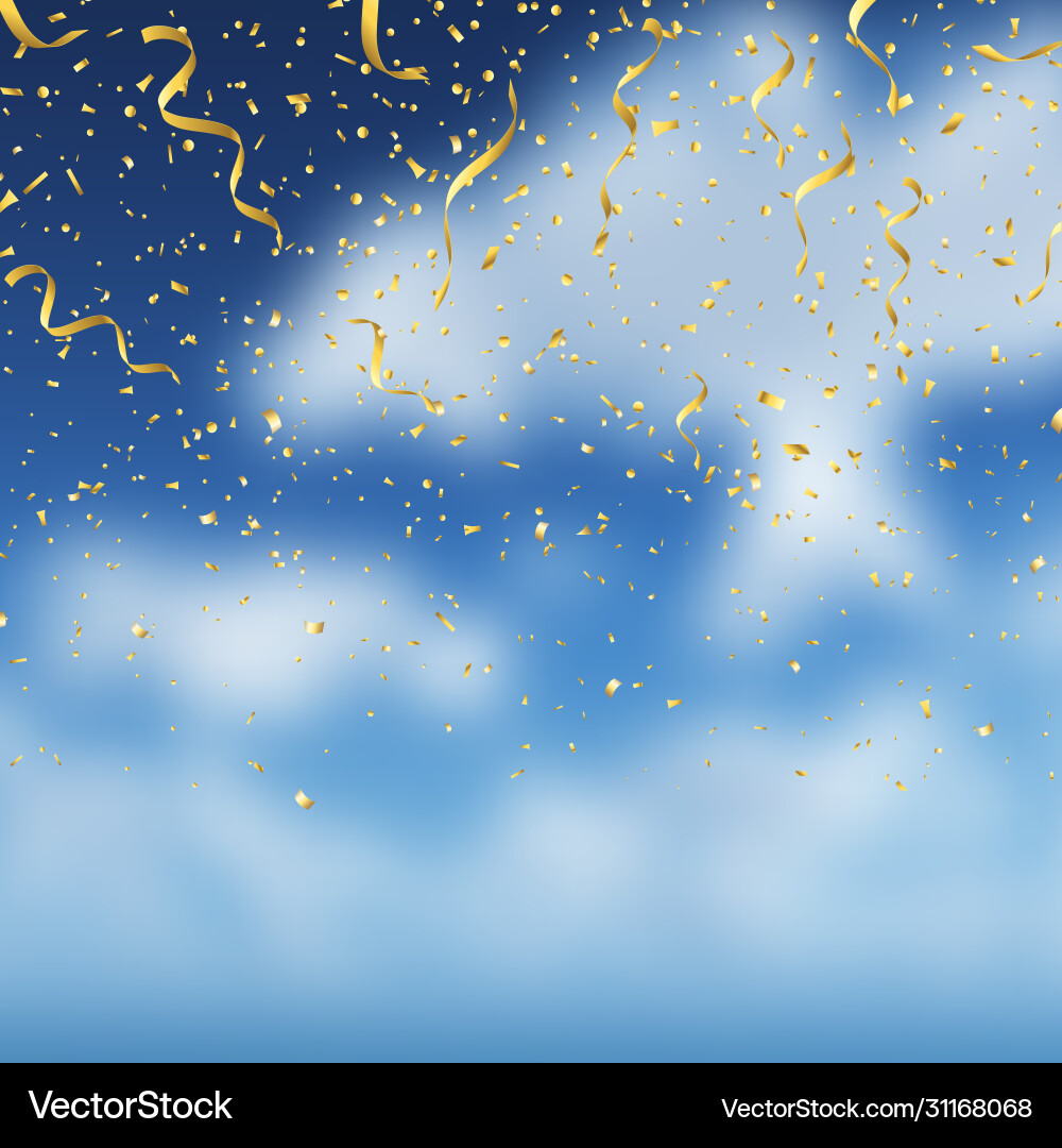 Gold confetti on blue sky background Royalty Free Vector