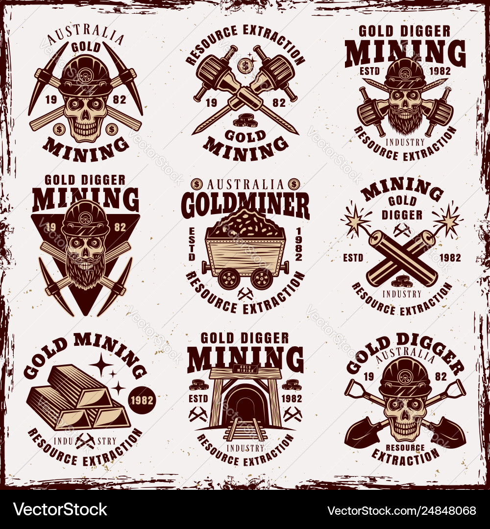 Gold mining resource extraction vintage emblems Vector Image